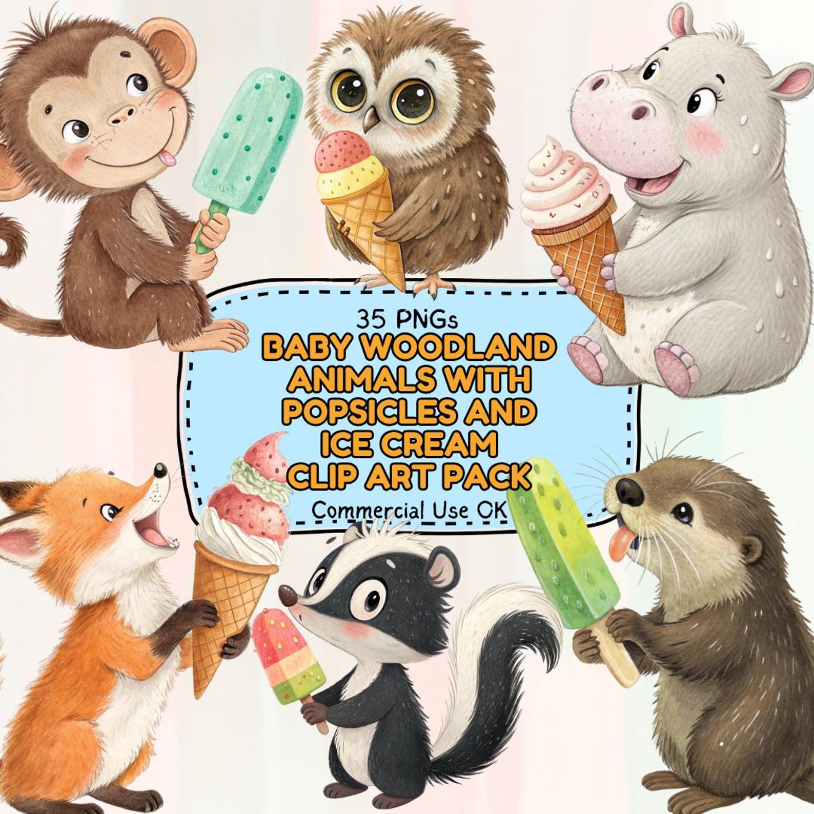 35 Baby Woodland Animals With Ice Cream and Popsicle PNG Clipart | Cute ...