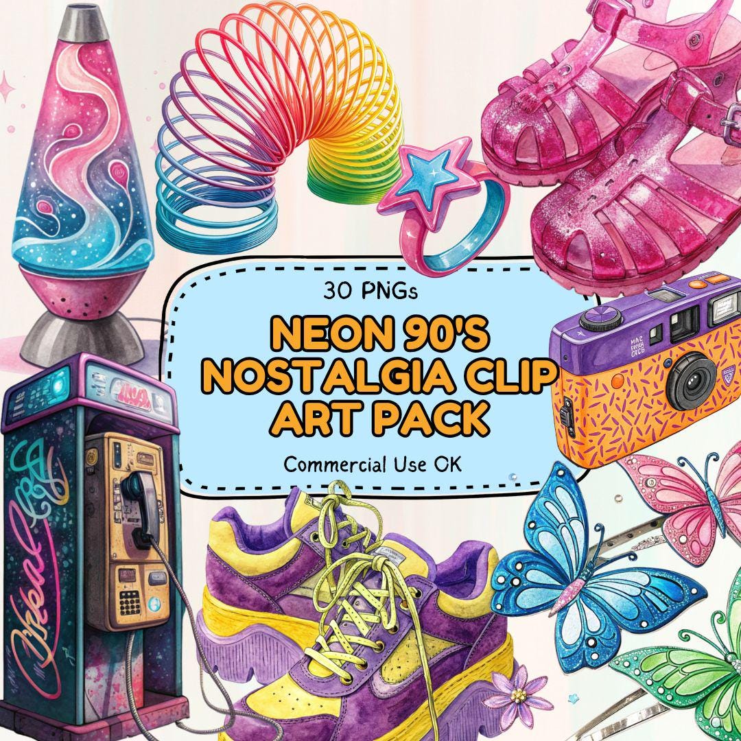 Neon 90s Nostalgia Clipart: Retro Cassette Tapes, Boomboxes ...