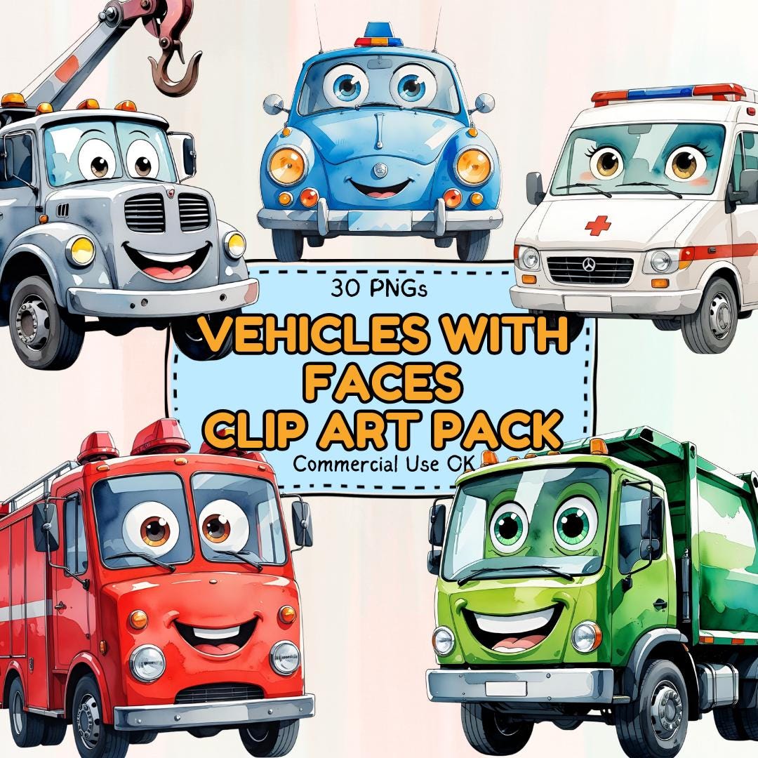 Cute Vehicles Clipart PNG Bundle, Watercolor Cars With Faces, Kawaii ...