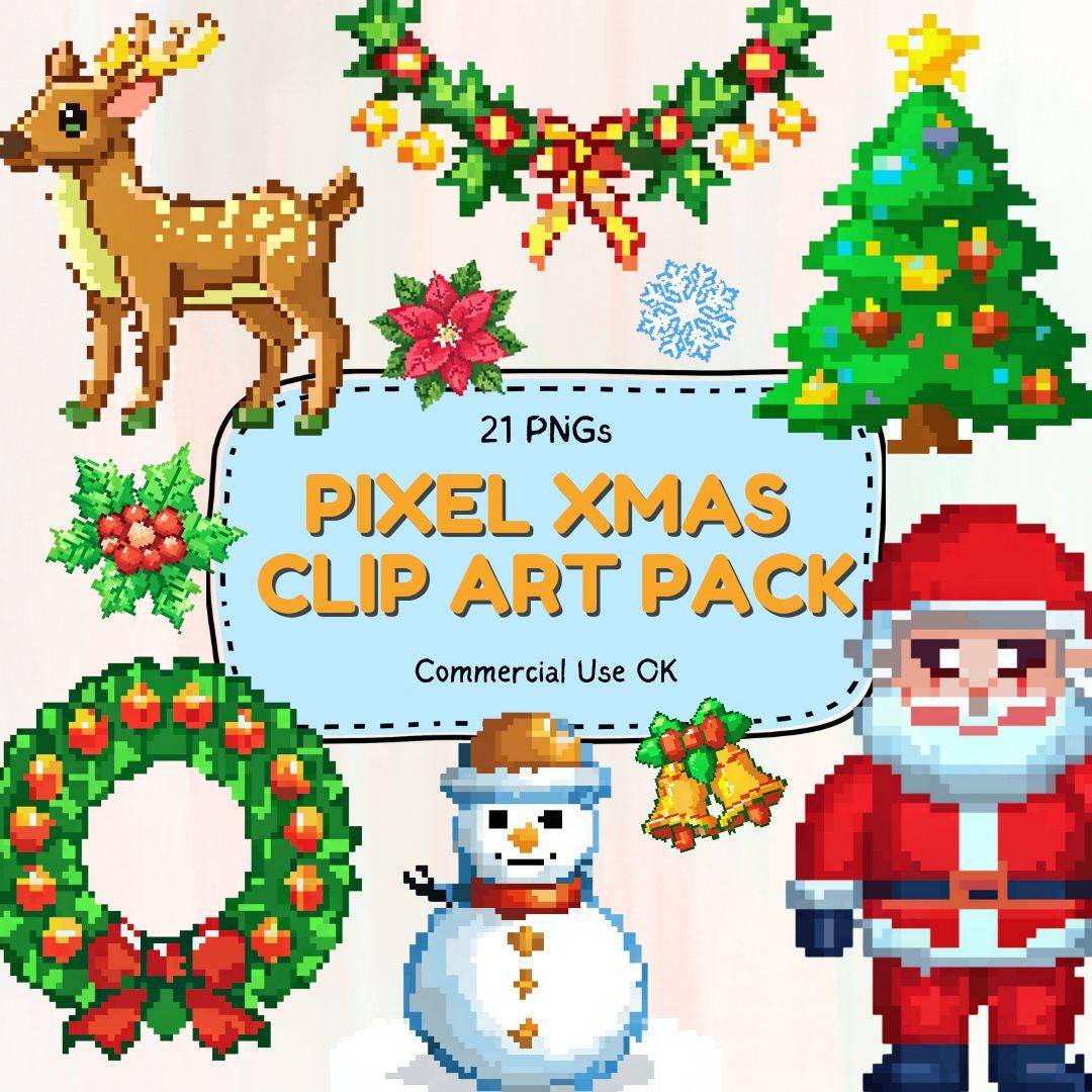 Pixelated Christmas Clipart PNG Bundle | 21 Retro Pixel Art Holiday ...