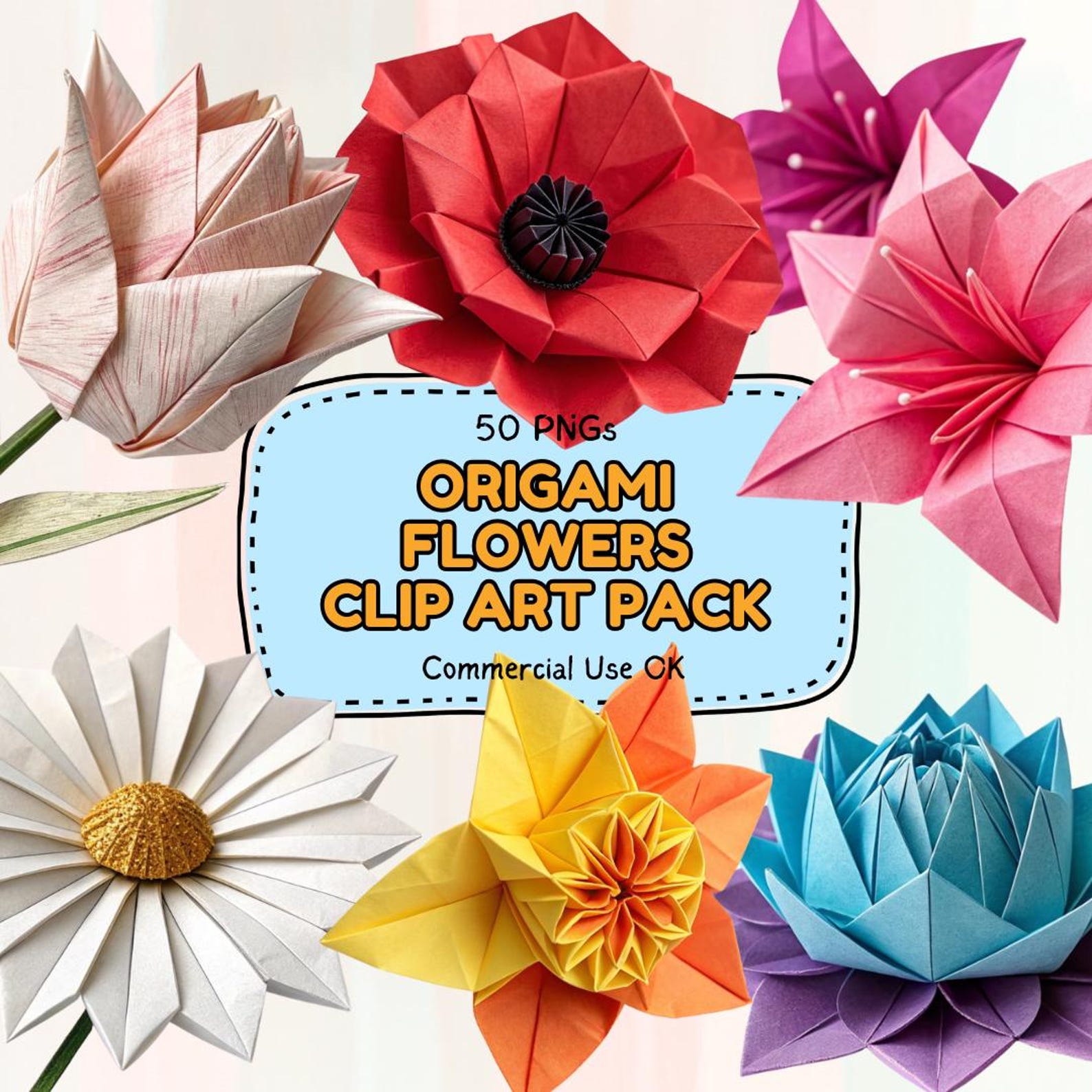 50 Origami Flower Clipart PNG | Watercolor Folded Paper Flowers ...