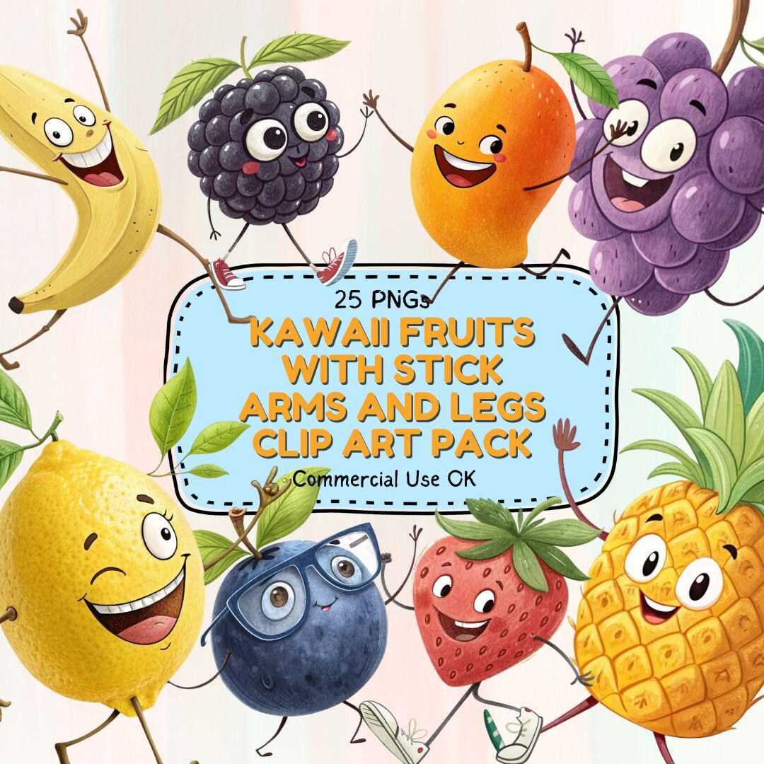 25 Cute Fruit PNG Clip Art - Kawaii Fruits With Stick Arms and Legs ...