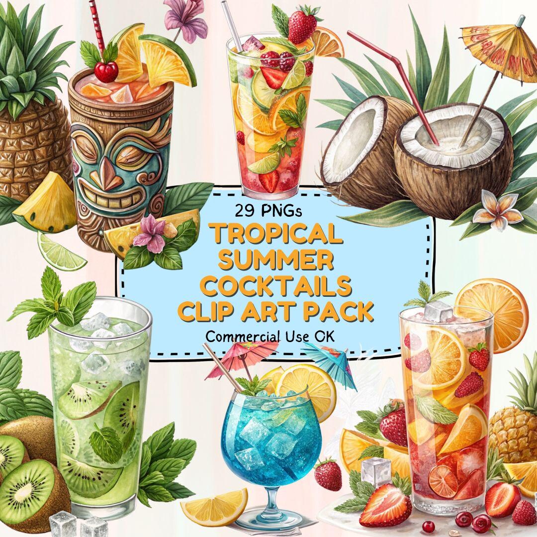 Tropical Summer Cocktails Clip Art Set - 29 Pngs, Instant Download - Etsy