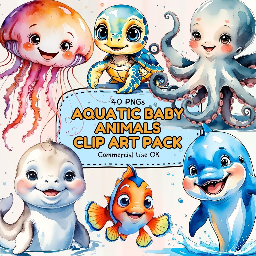 Watercolor Baby Sea Animals Clipart Bundle Cute Ocean Animals PNG ...