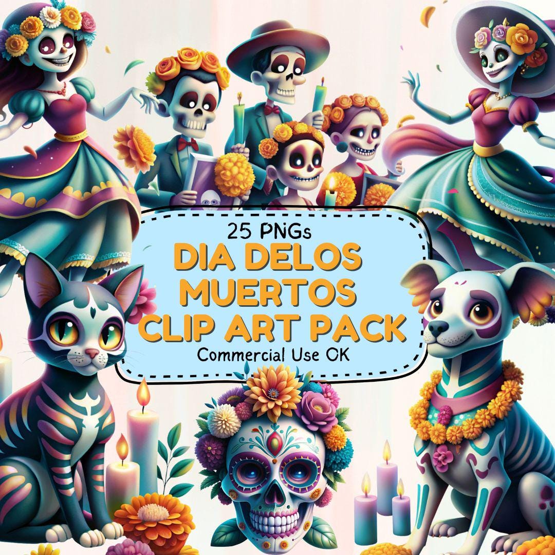 Dia De Los Muertos Clipart Bundle | 25 Colorful Sugar Skulls, Skeletons ...