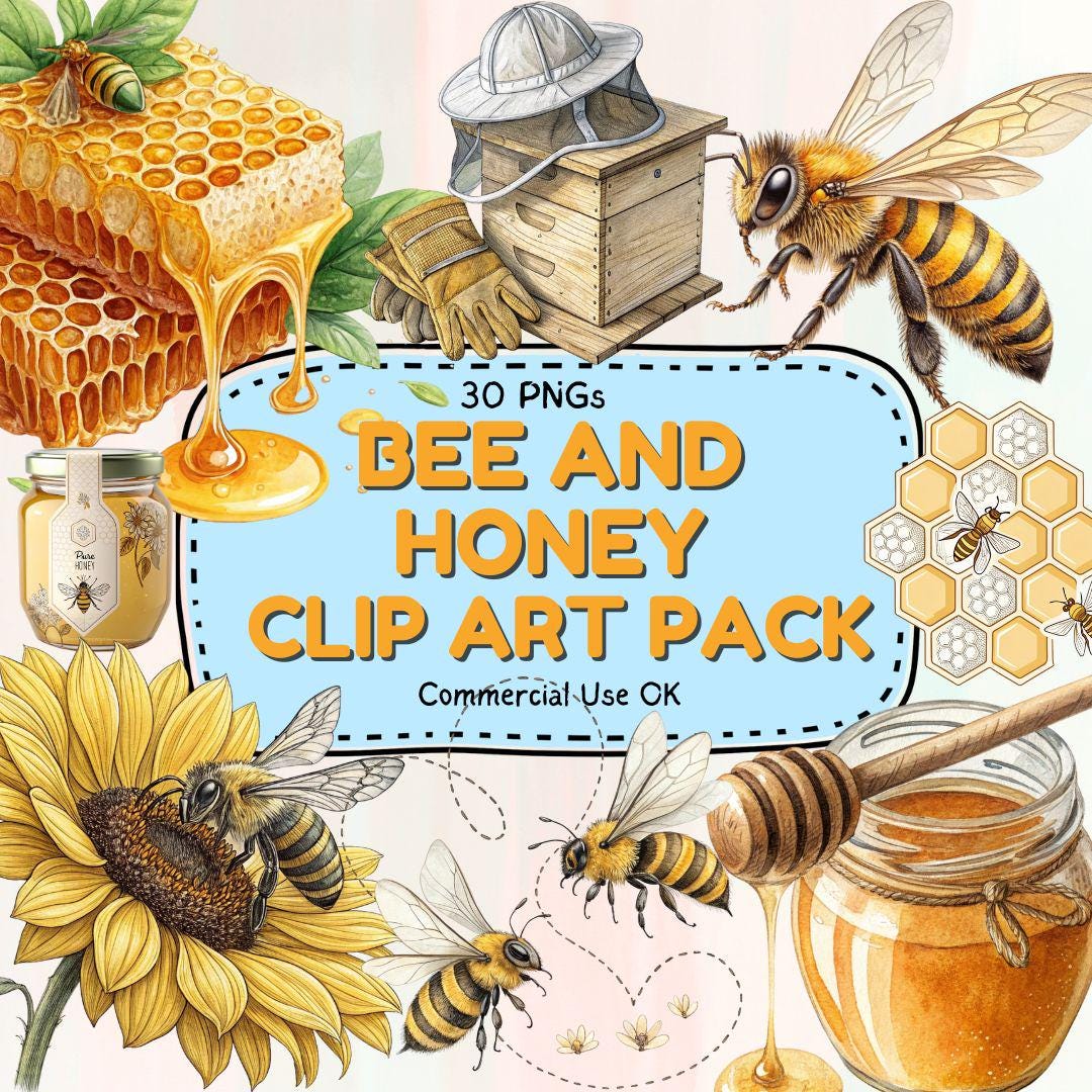 Honey and Bee Clipart PNG Bundle With 30 Cute Bee Illustrations ...