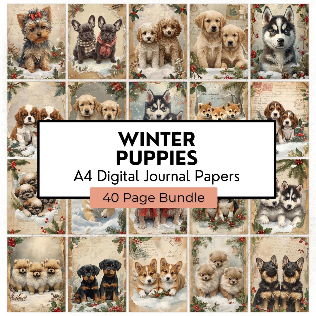 Winter Puppies Digital Paper | A4 Vintage Scrapbook Backgrounds (40 ...