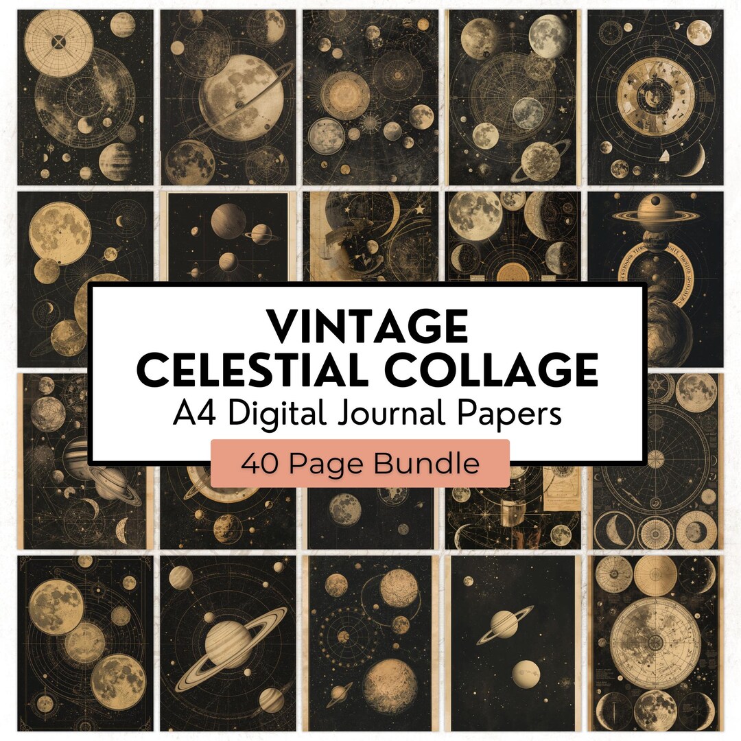 Vintage Celestial Collage - A4 Digital Journal Papers - 40 Page Bundle ...