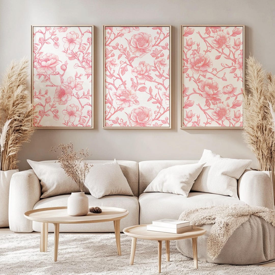 Pink Chinoiserie Wall Art Floral Watercolor Painting 3 Piece Wall Art ...