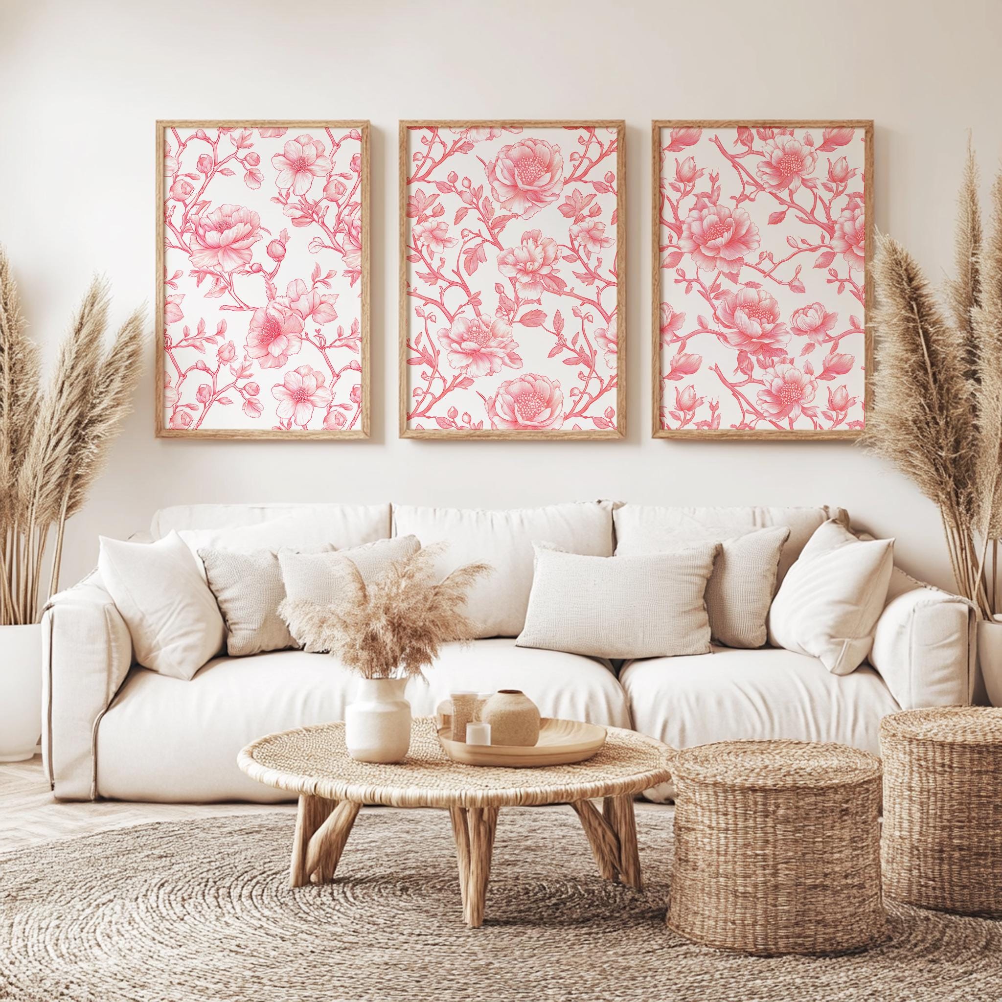 Pink Chinoiserie Wall Art Floral Watercolor Painting 3 Piece Wall Art ...