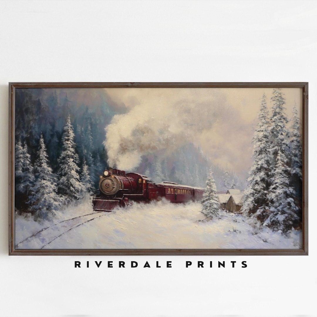 Vintage Christmas Train TV Frame Art | Cozy Winter Steam Train ...