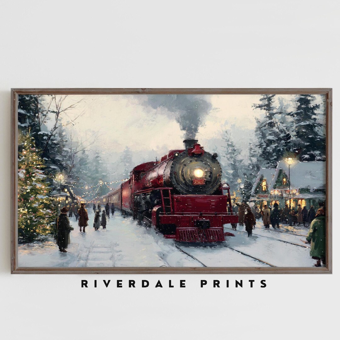Vintage Christmas Train TV Art | Red Railway, Snowy Village (digital ...