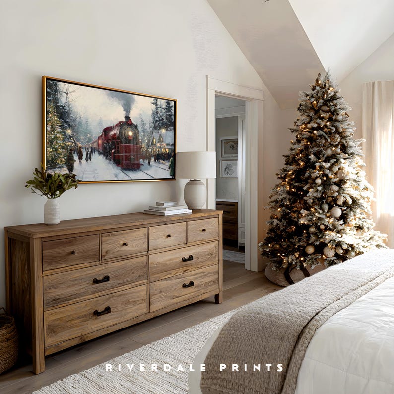 Vintage Christmas Train TV Art | Red Railway, Snowy Village (digital ...