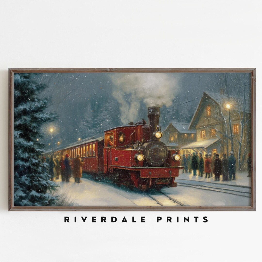 Vintage Christmas Train TV Frame Art | Cozy Winter Steam Train | Retro ...