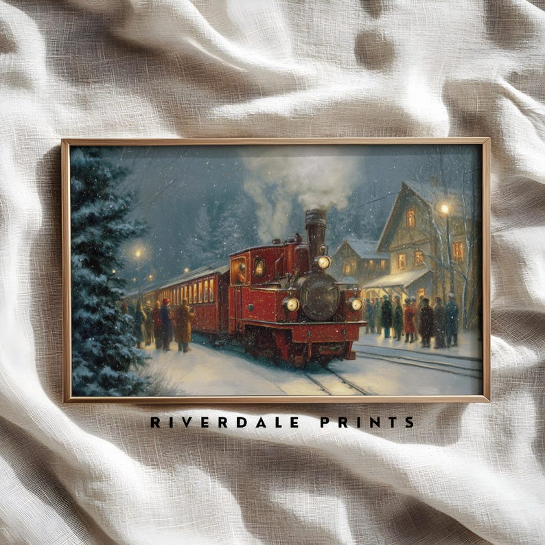 Vintage Christmas Train TV Frame Art | Cozy Winter Steam Train | Retro ...