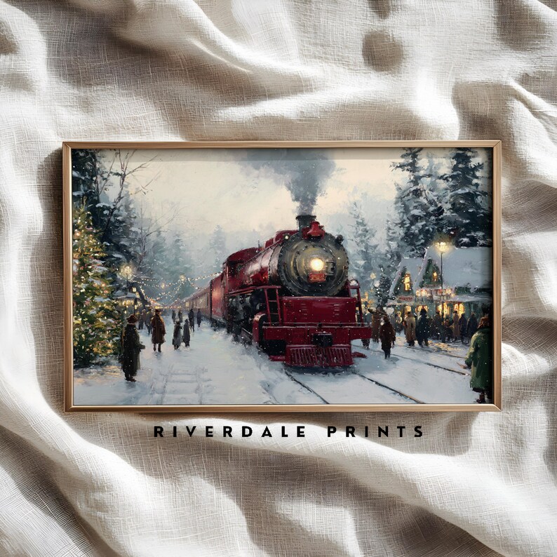 Vintage Christmas Train TV Art | Red Railway, Snowy Village (digital ...