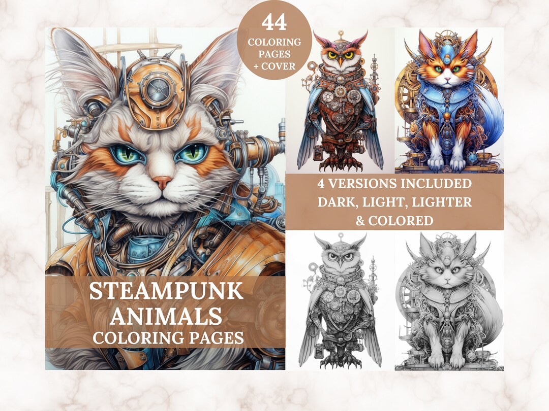 44 Steampunk Animals Coloring Pages Grayscale Drawings Set Dark, Light ...