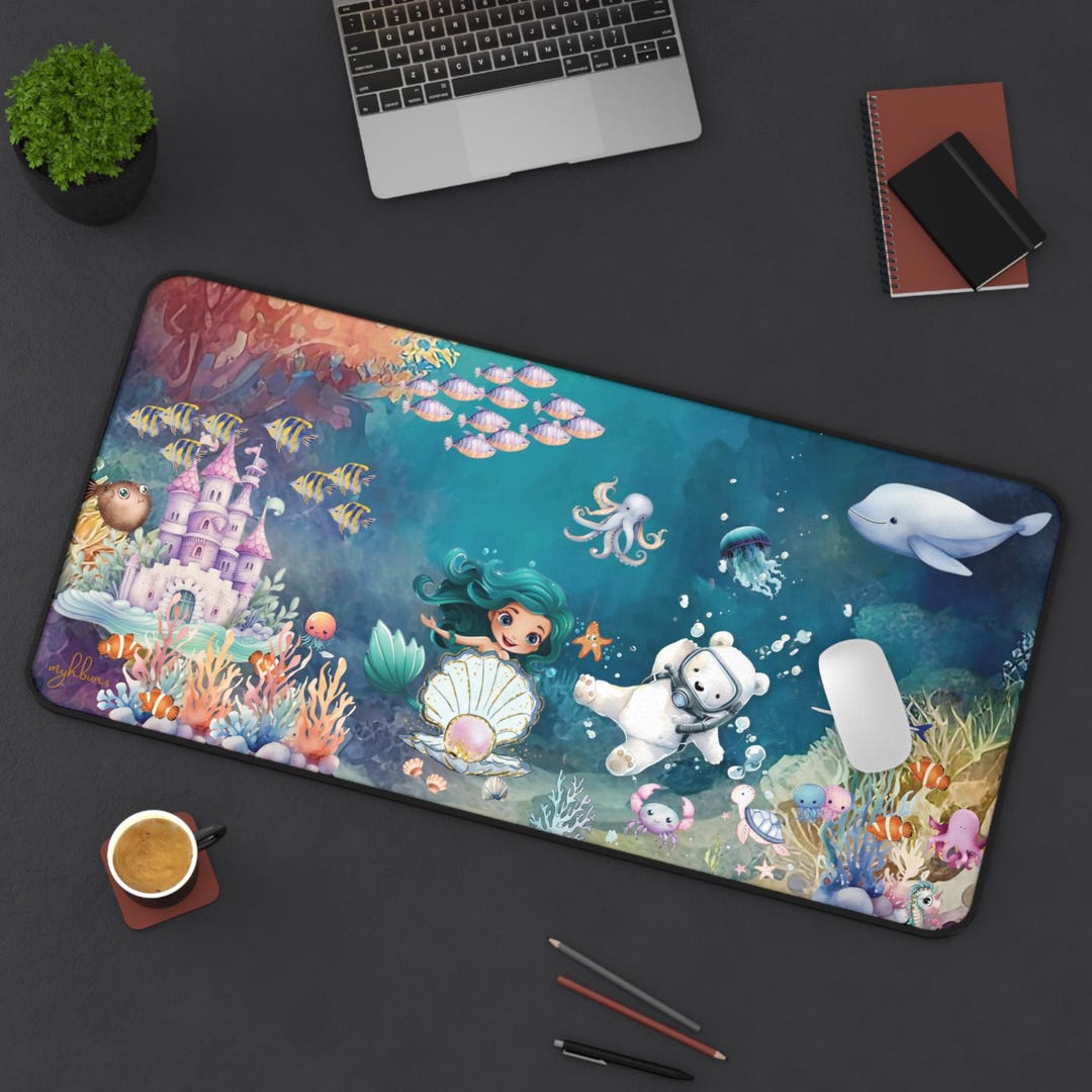 Meeting Mermaid Desk Mat: Fantasy Ocean Scene - Large 16x32 Mouse Pad ...