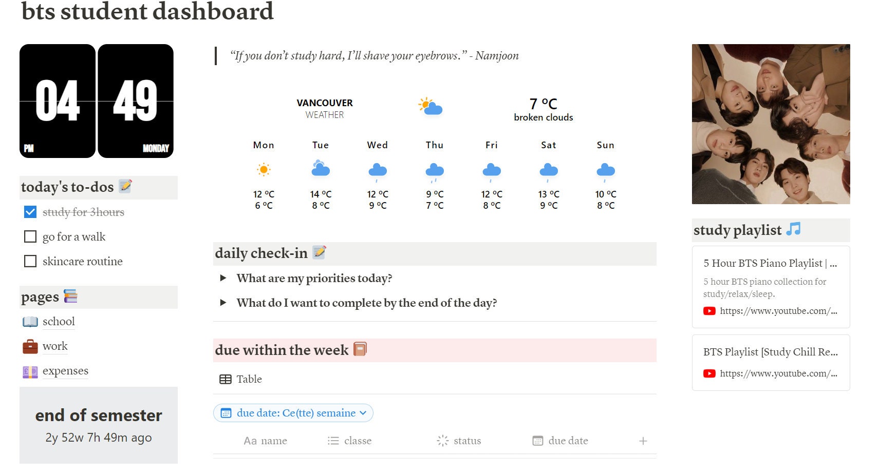 BTS Student Dashboard Notion Template - Etsy