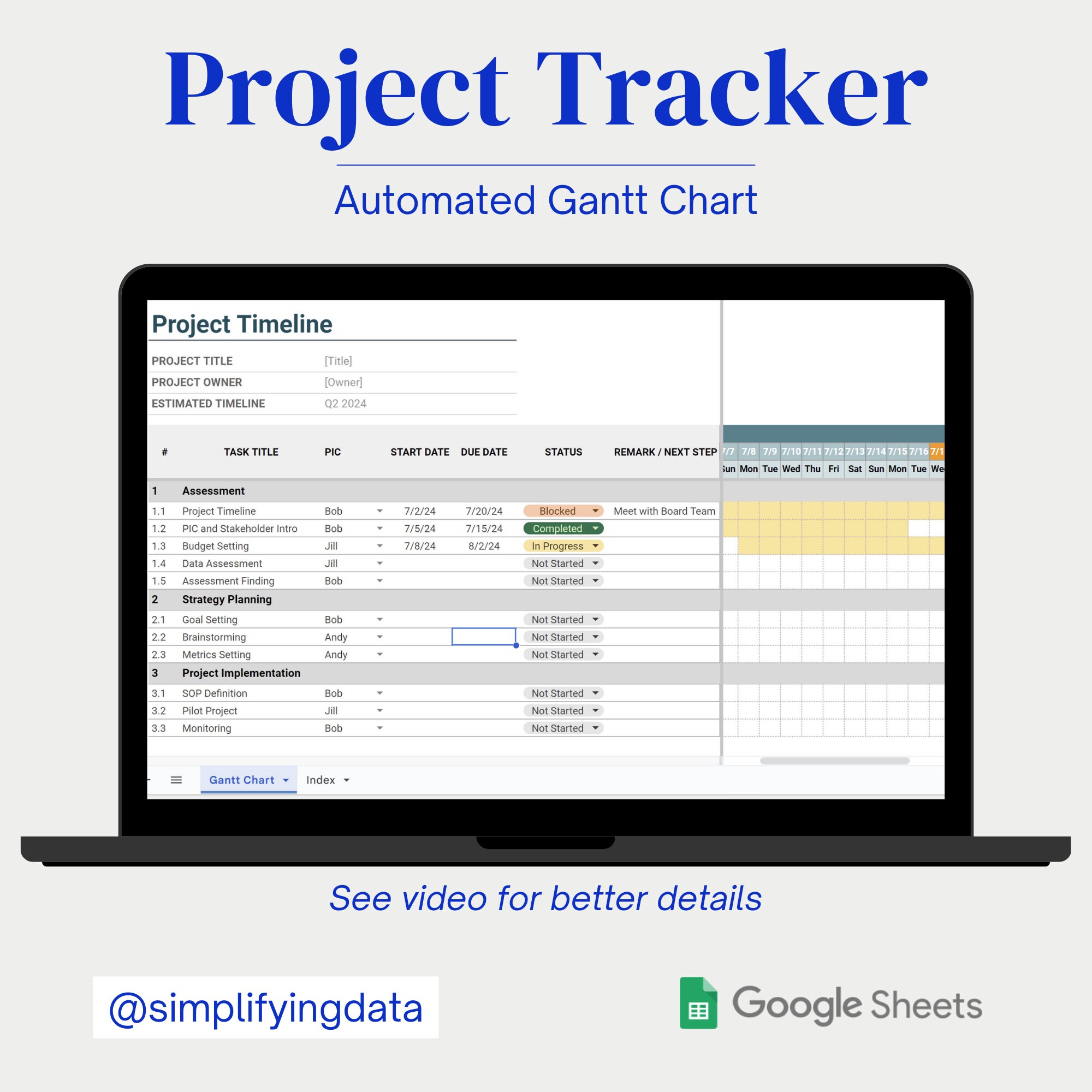 Automated Gantt Chart Project Tracker Google Sheet Simple Project ...