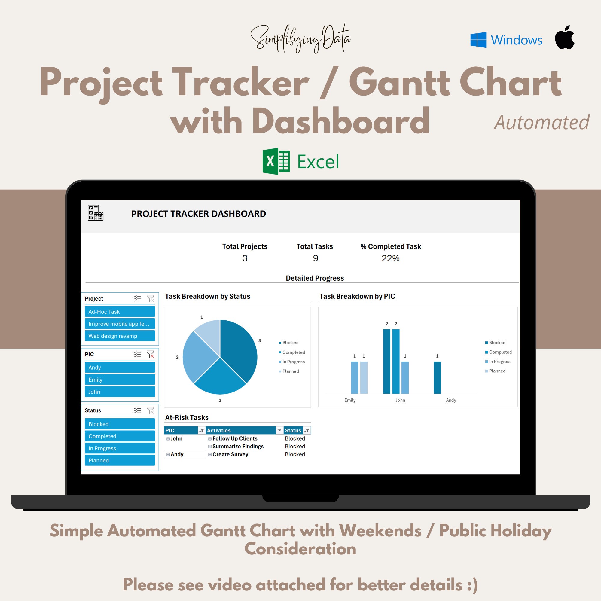 Simple Excel Project Tracker Dashboard With Gantt Chart Timeline ...