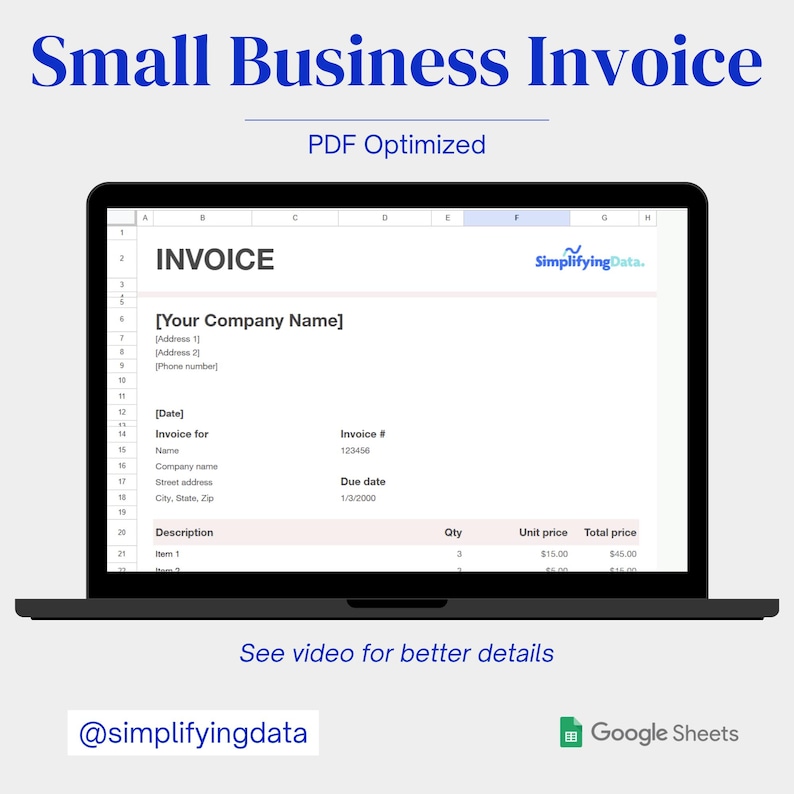 Invoice Template Editable Small Business Invoice Generator Google Sheet Template Invoice PDF ...