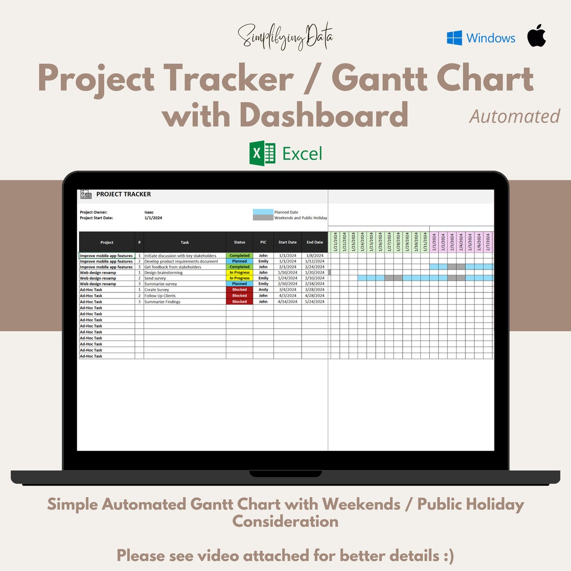 Simple Excel Project Tracker Dashboard With Gantt Chart Timeline ...