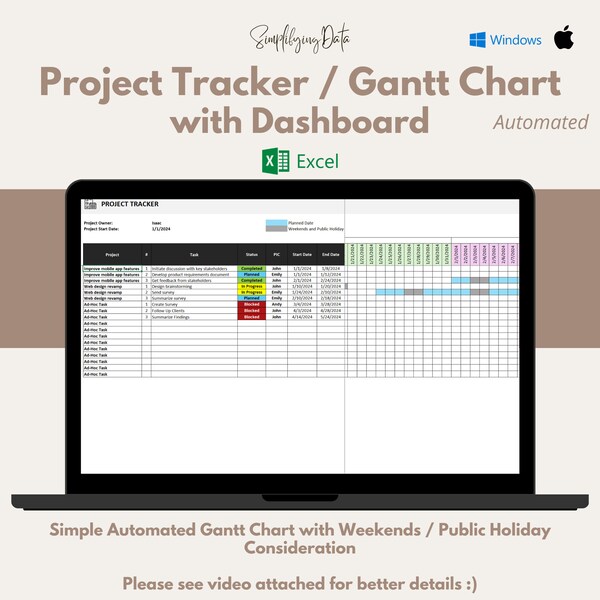 Simple Excel Project Tracker Dashboard With Gantt Chart Timeline ...