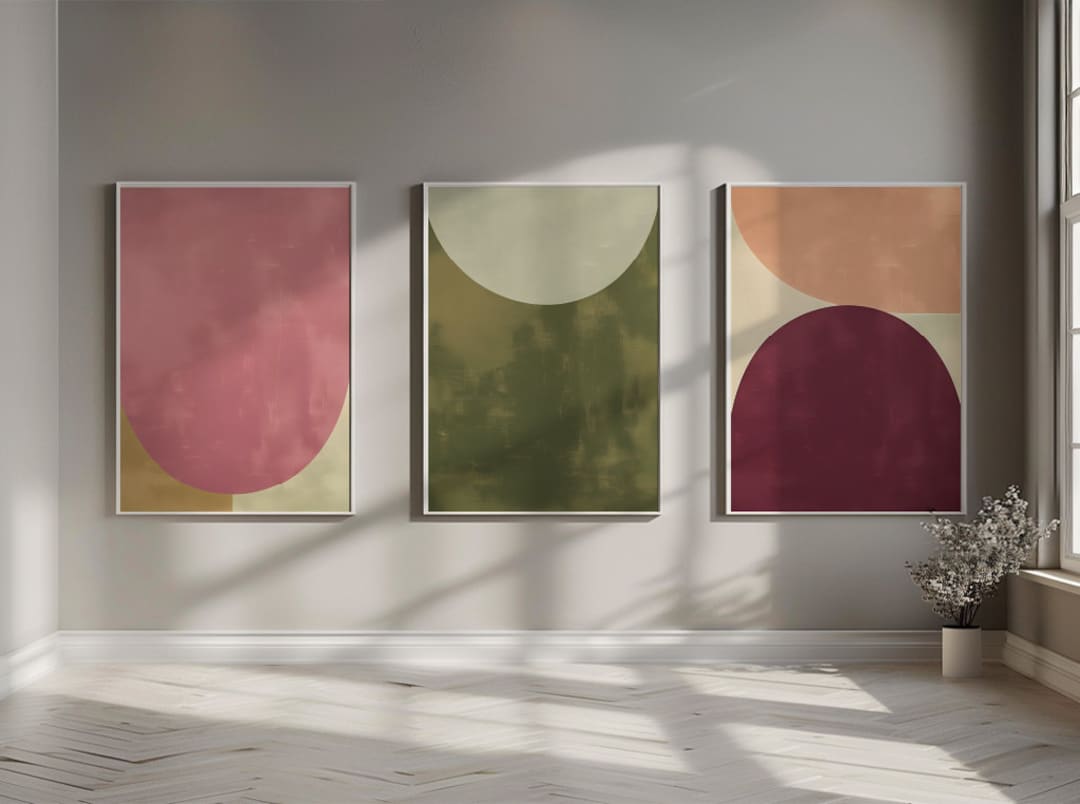Set of 3, Mauve, Olive Green and Burgundy Color Palette, Abstract Art ...