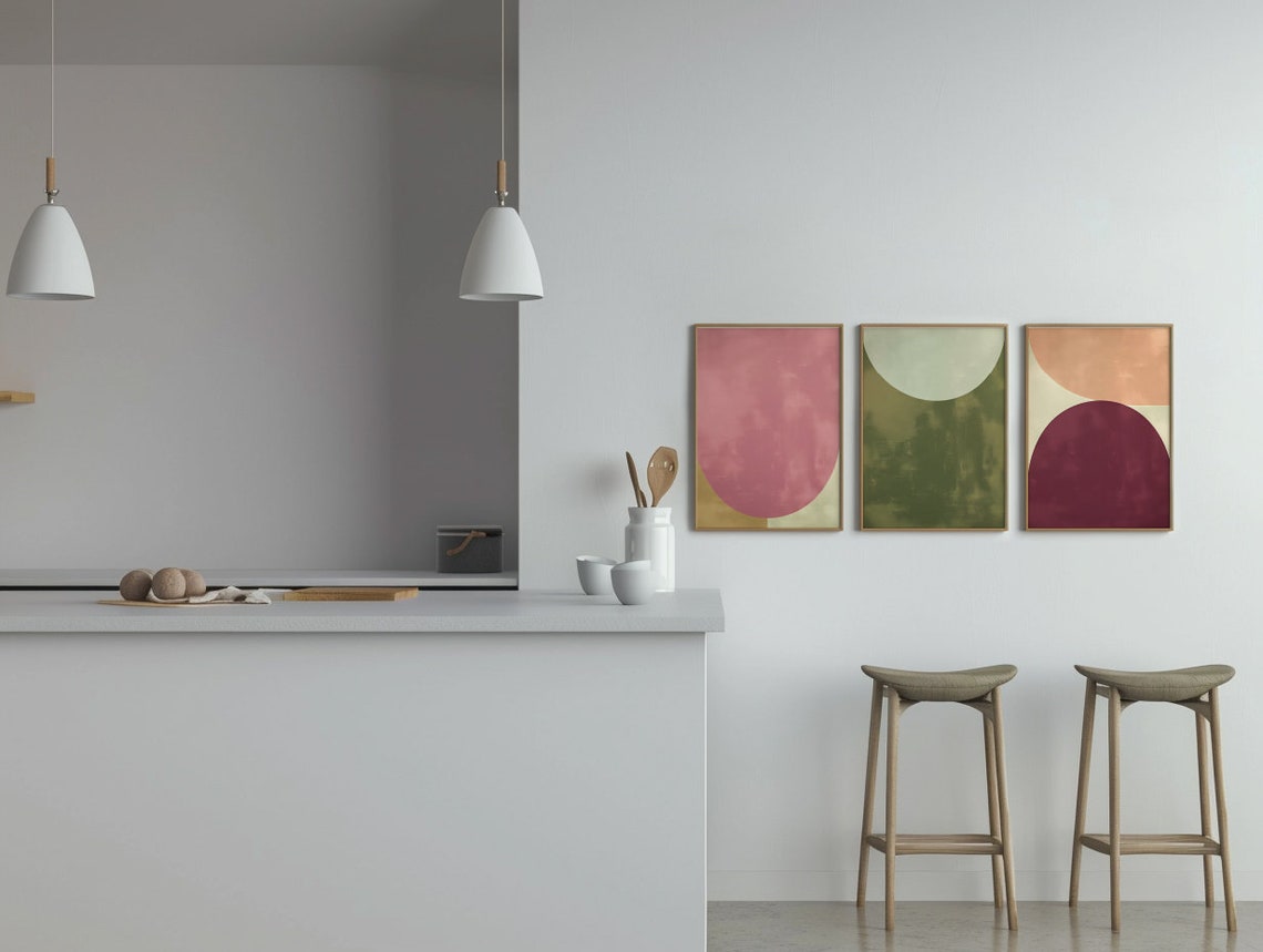 Set of 3, Mauve, Olive Green and Burgundy Color Palette, Abstract Art ...