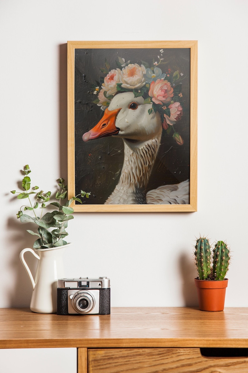 Goose Wall Art, Cottagecore Painting Print, Goose With Flower Crown ...