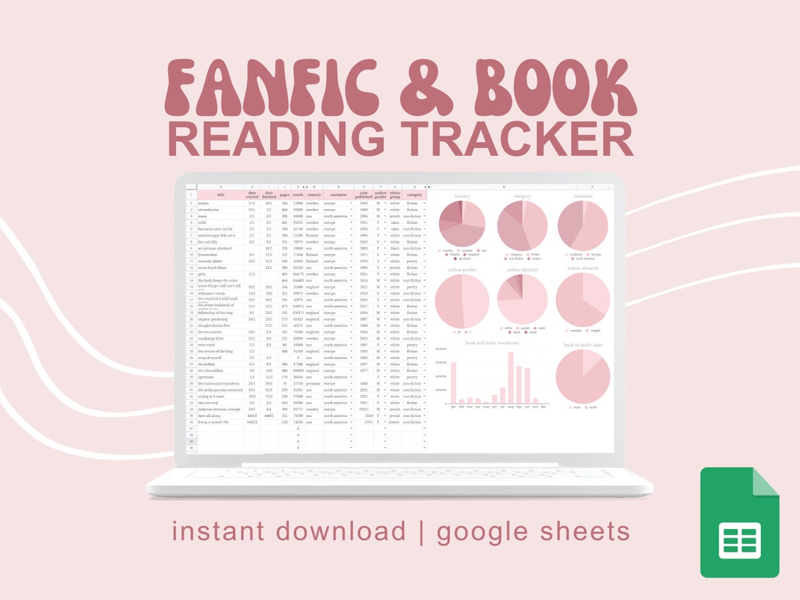 Pink Reading Tracker 2025: Fanfiction & Book Statistics (google Sheets ...