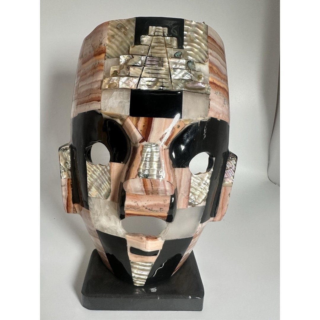 Aztec Mexican Stone Statue Tribal Folk Art Polished Obsidian W/ Abalone ...