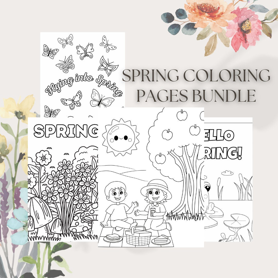 Spring Coloring Pages Set, Printable Spring Coloring Page, Set of 4 ...