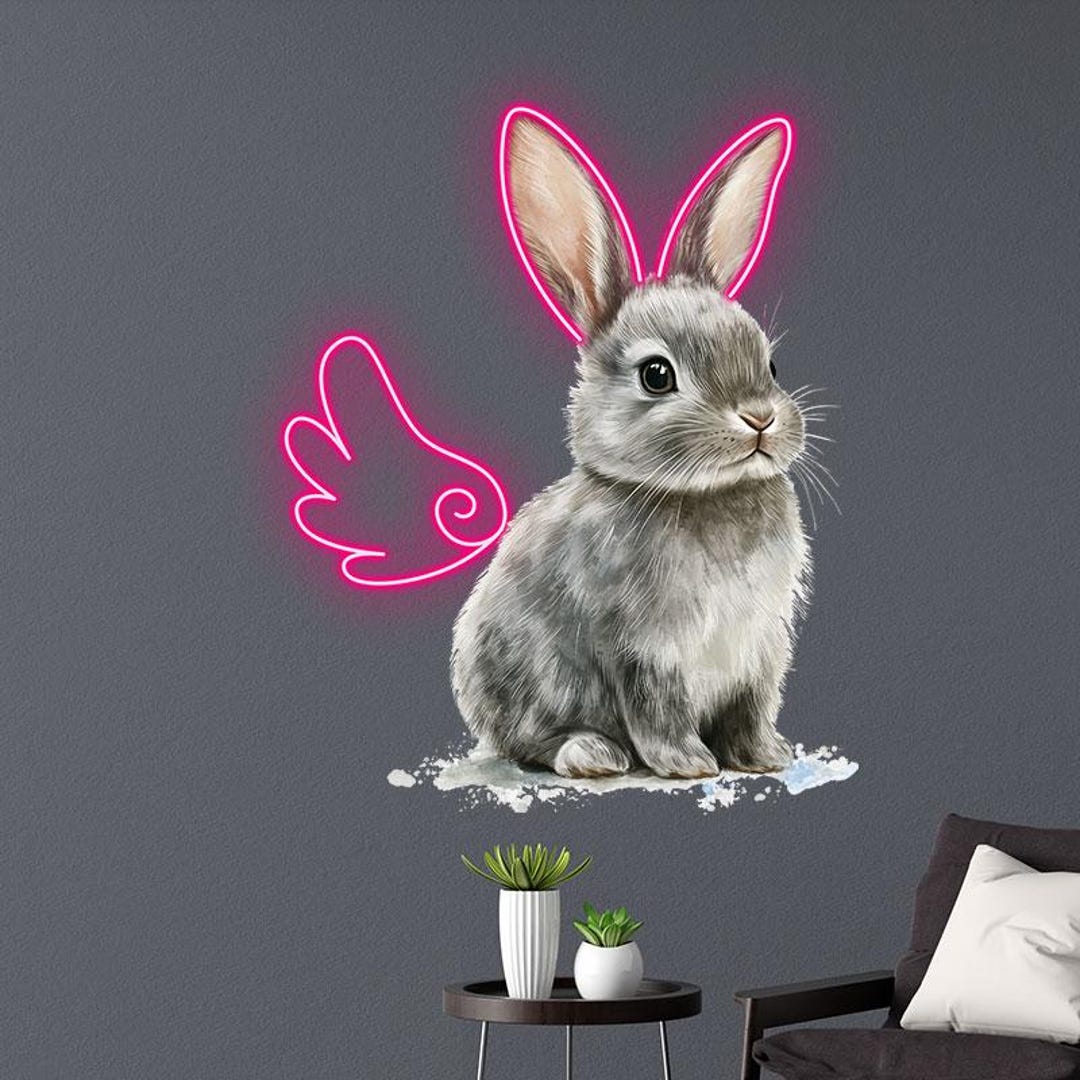 Cute Angel Winged Bunny Neon Poster Sweet Gray Bunny With Pink Wings ...