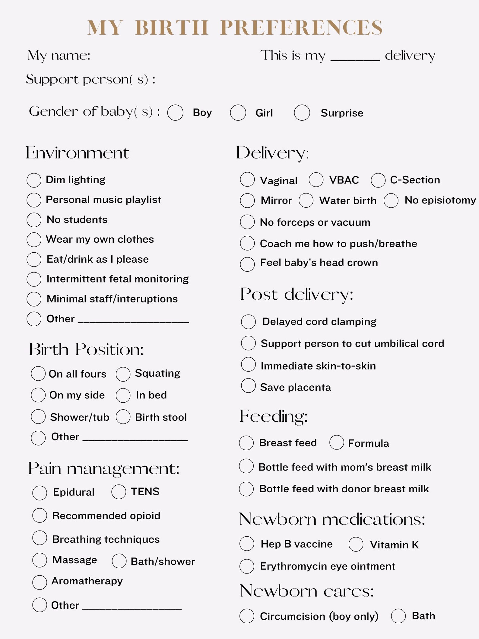 Birth Preference Template - Etsy