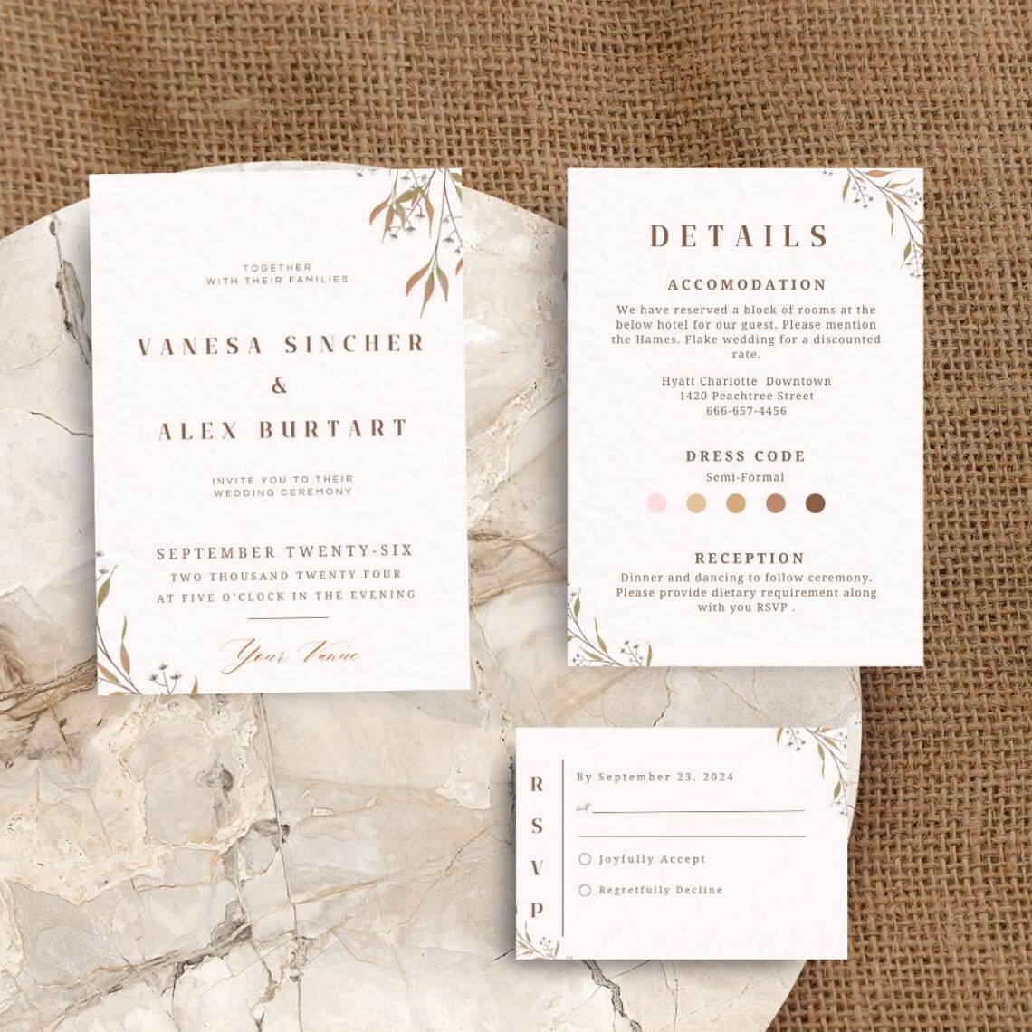 Romantic Floral Vintage Wedding Invitation Template Cream and Brown ...