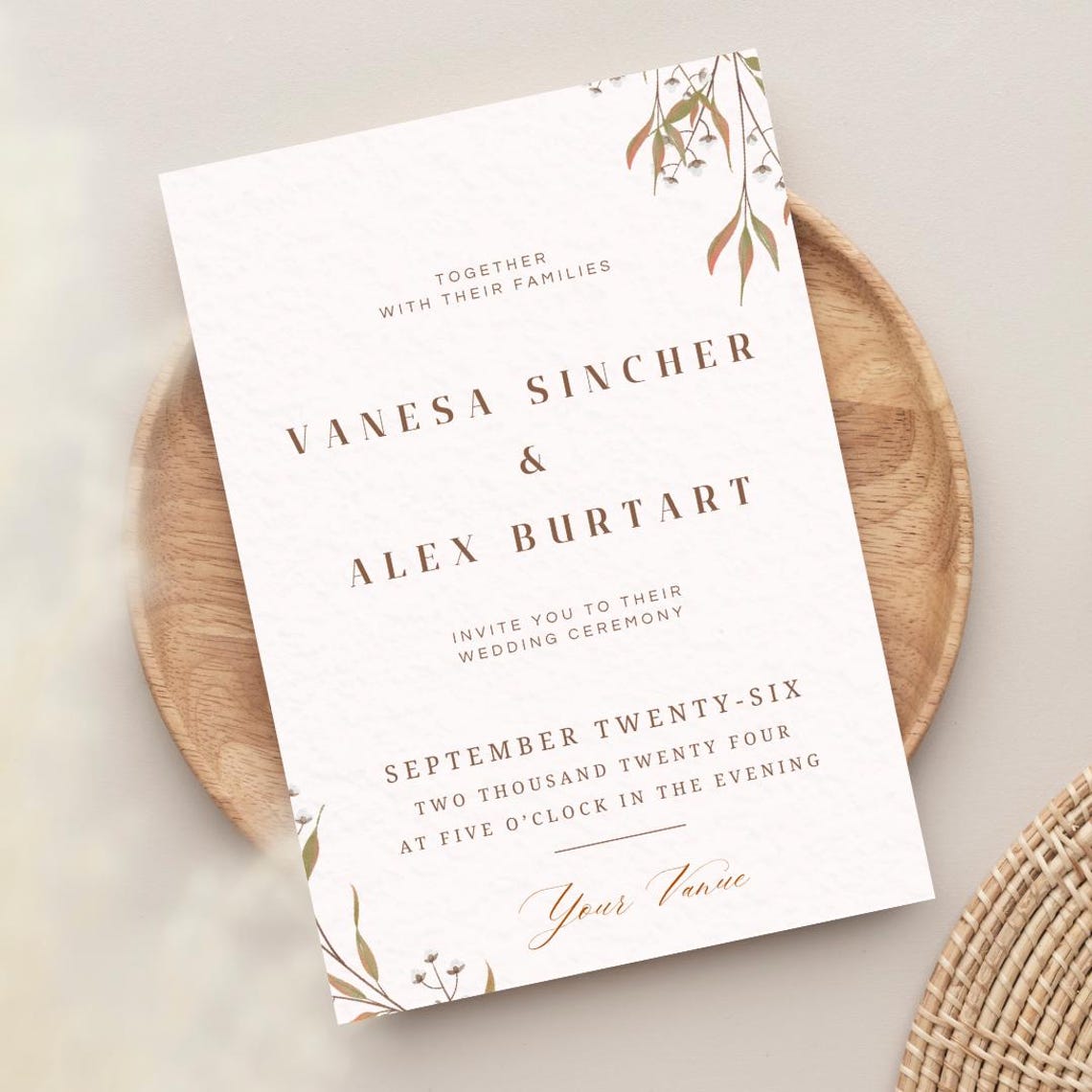 Romantic Floral Vintage Wedding Invitation Template Cream and Brown ...