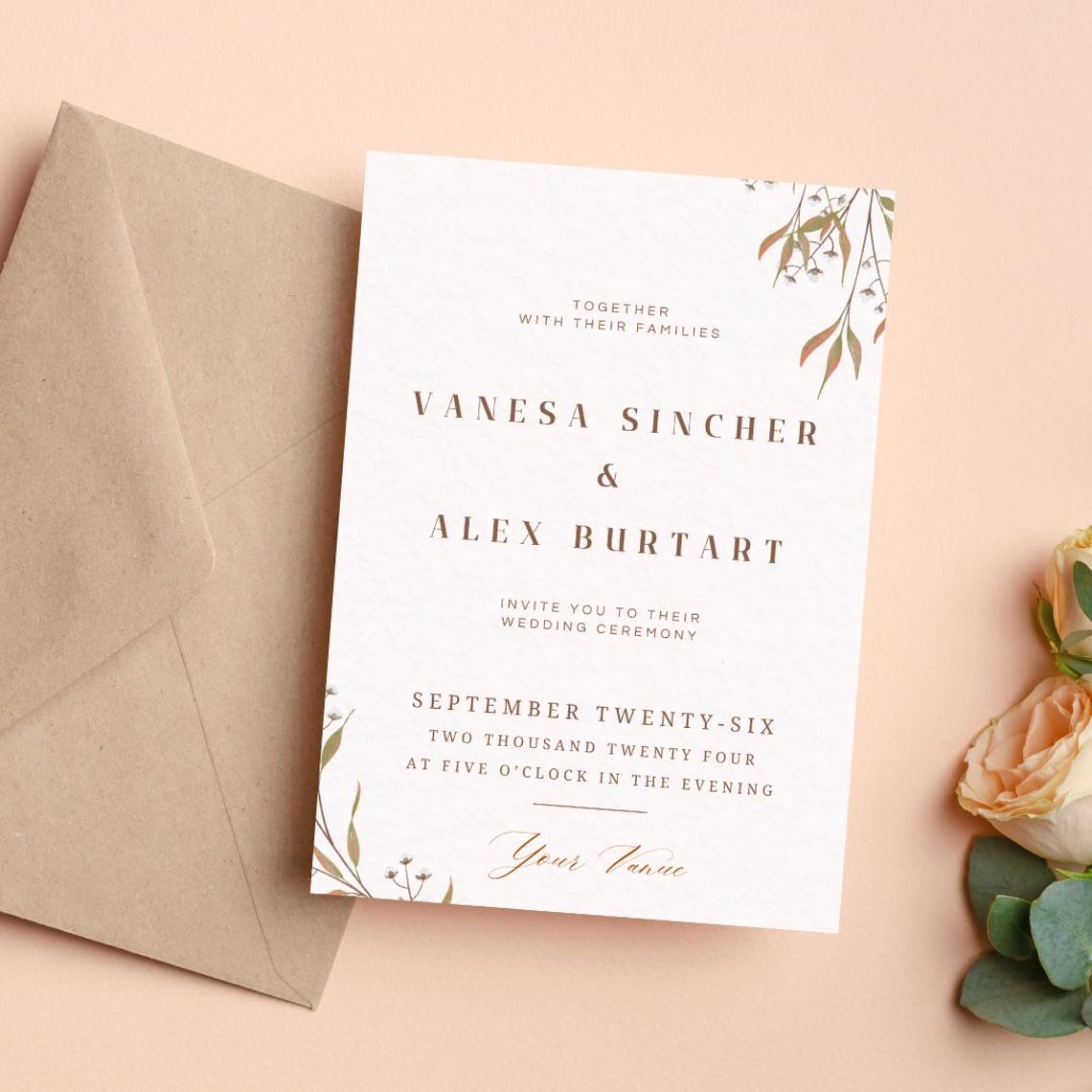 Romantic Floral Vintage Wedding Invitation Template Cream and Brown ...