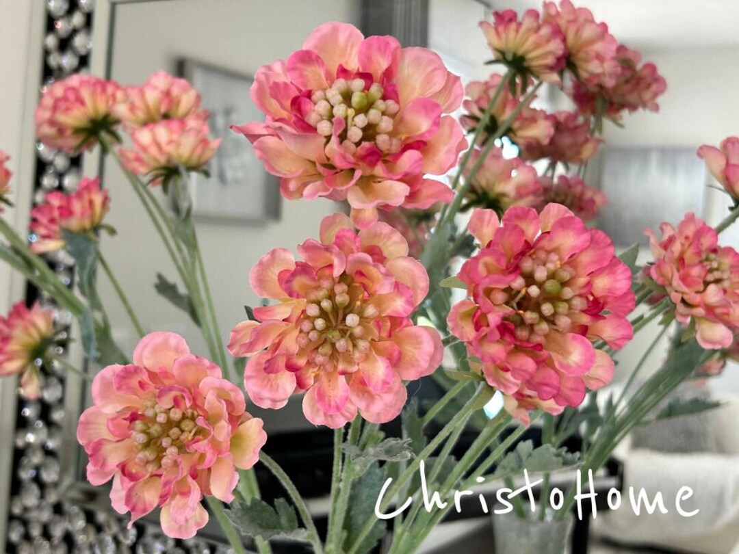 Faux Pink Scabiosa Spray, Artificial Pincushion Flowers, Realistic Soft ...