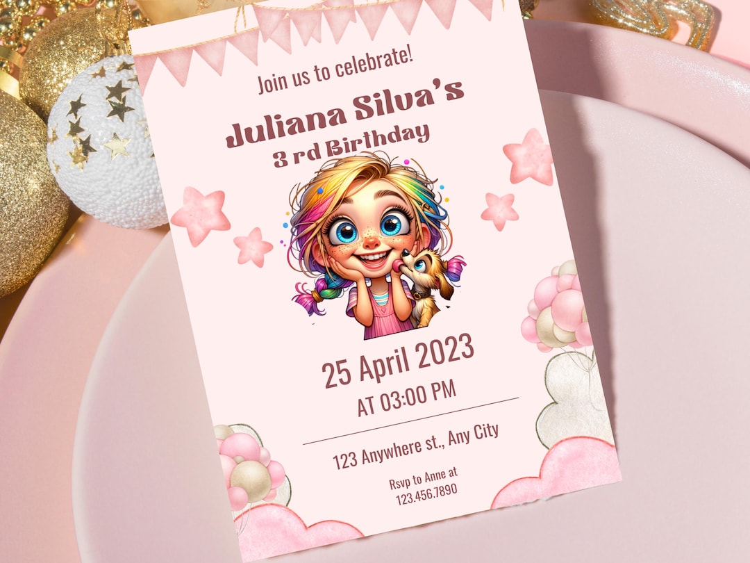 Editable Cute Girl Birthday Invitation, Rainbow Hair Party Invite With ...