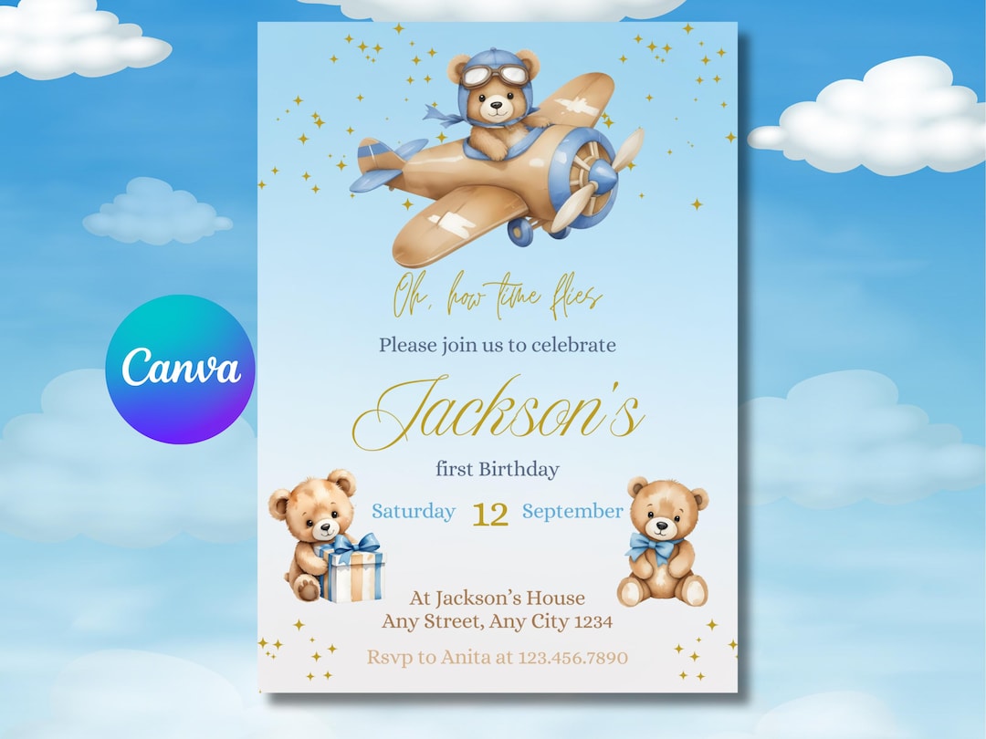 Editable Teddy Bear Airplane Invitation, Boys Aviation Party Card, Sky ...