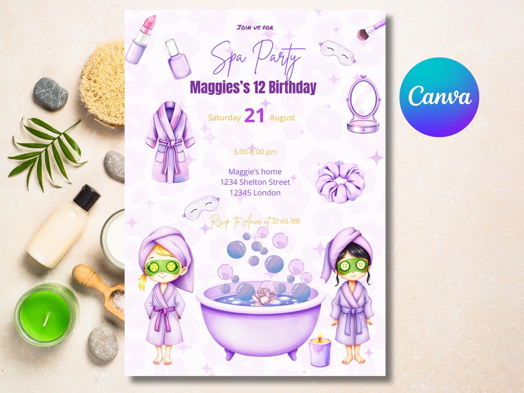 Editable Spa Party Invitation for Girls, Relaxing Purple Spa Theme ...