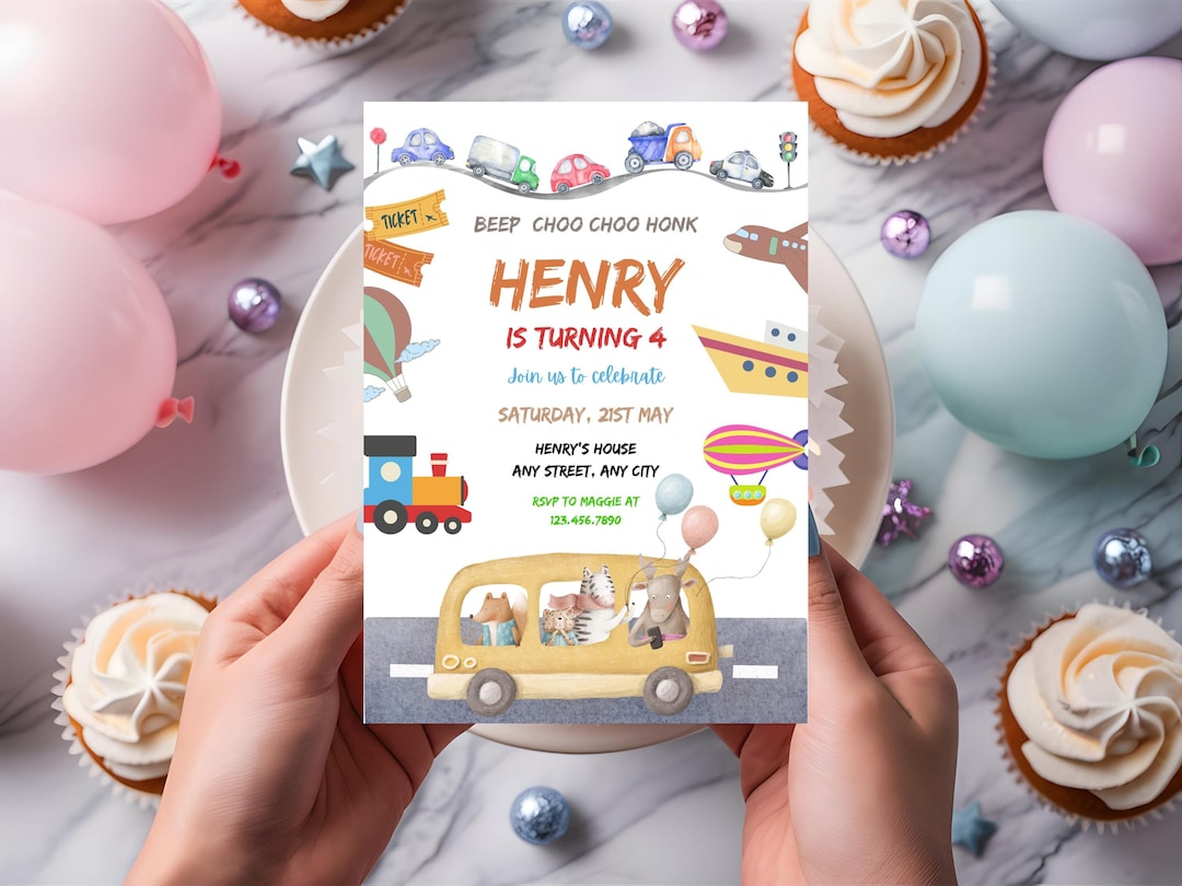 Editable Transportation Birthday Card Cars, Trains, Planes, and Hot Air ...