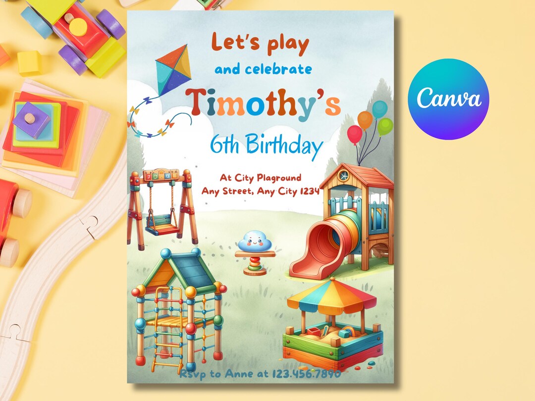 Editable Playground Birthday Invitation for Kids, Fun Outdoor Party ...