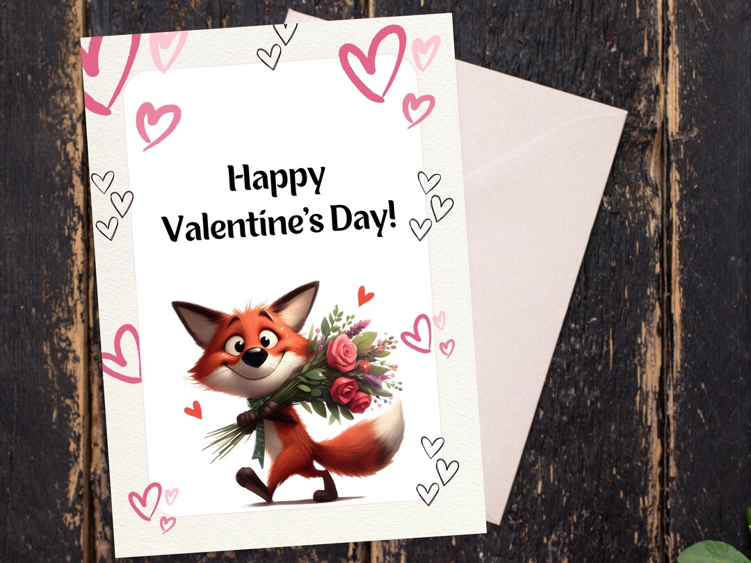 Playful Fox Valentine's Day Card, Fox Holding Roses Design, Whimsical ...