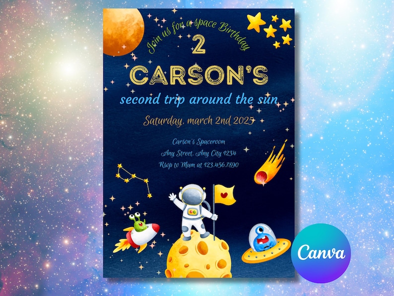 Editable Outer Space Birthday Invitation Template, Astronaut and Rocket Party Card, Blast off ...