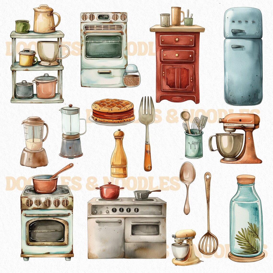Retro Kitchen Clipart, Retro Room Png, Vintage Kitchen Watercolour ...