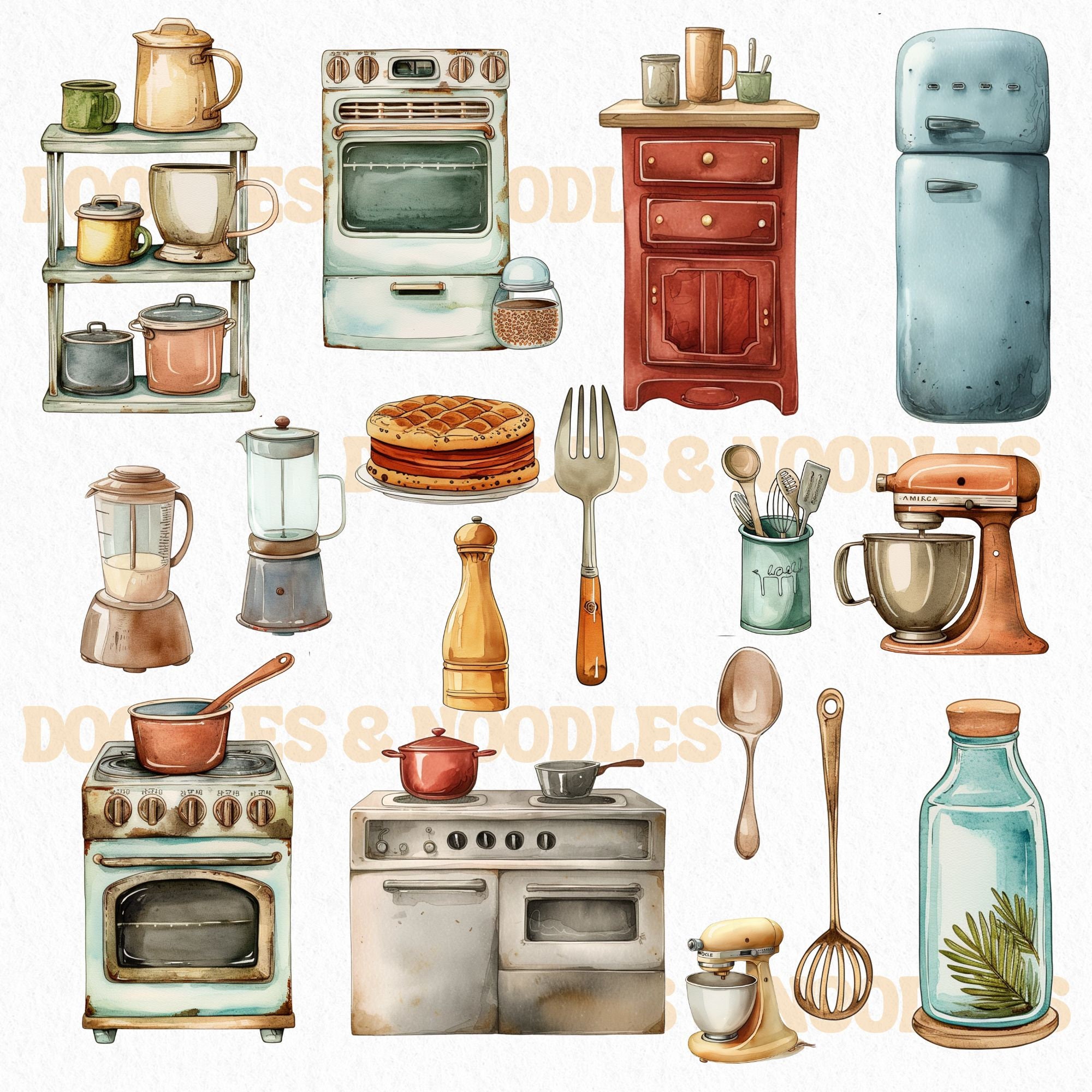 Retro Kitchen Clipart, Retro Room Png, Vintage Kitchen Watercolour ...