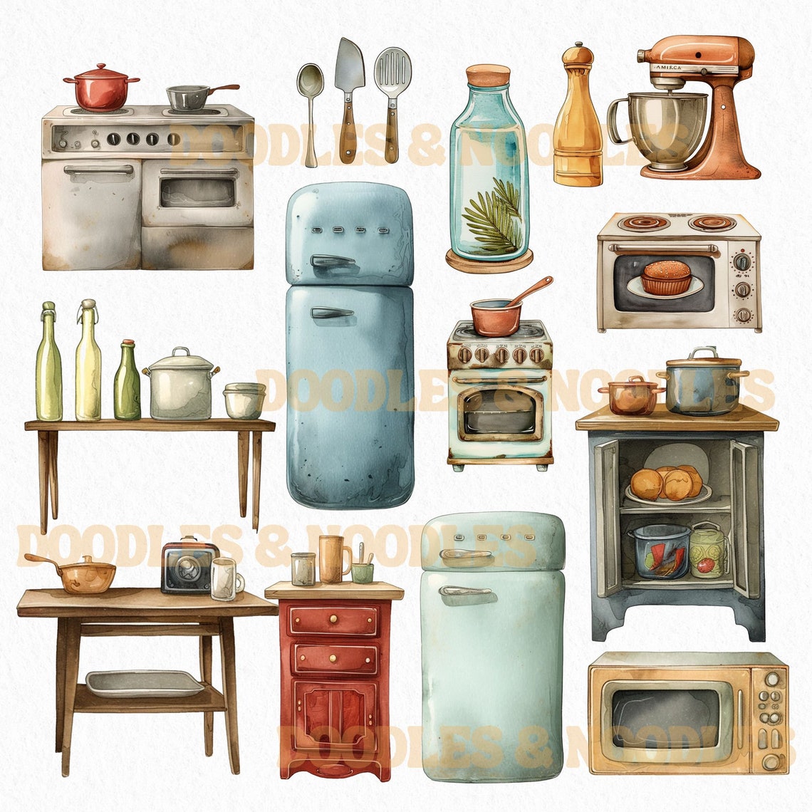Retro Kitchen Clipart, Retro Room Png, Vintage Kitchen Watercolour ...